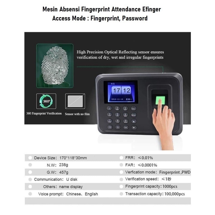 Jual Mesin Absensi Fingerprint Sidik Jari Attendance Efinger A6 | Shopee Indonesia