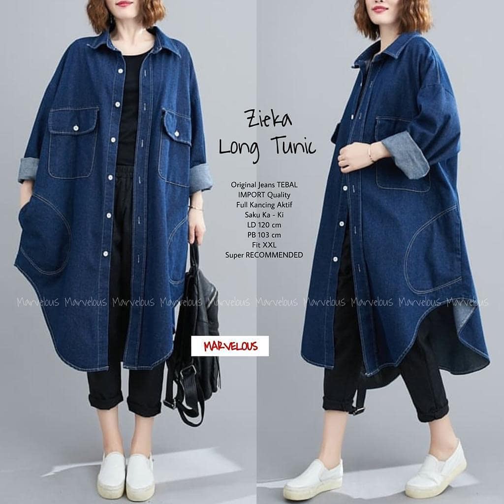 Jual Zieka Long Tunik Jeans Big Size Polos Tebal WAnita / Tunik Jumbo ...
