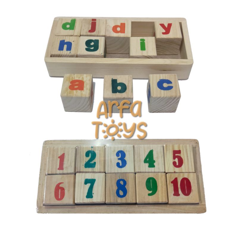 Jual Arfatoys Mainan Edukasi Balok Huruf Abjad Angka Natural Wooden Toy ...