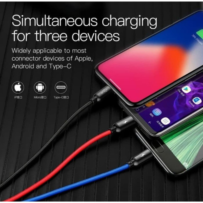 Jual BASEUS KABEL 3IN1 IPHONE MICRO TYPE C ANDROID USB CABLE CHARGER DATA 3 IN 1 GRAB GOSEND ...