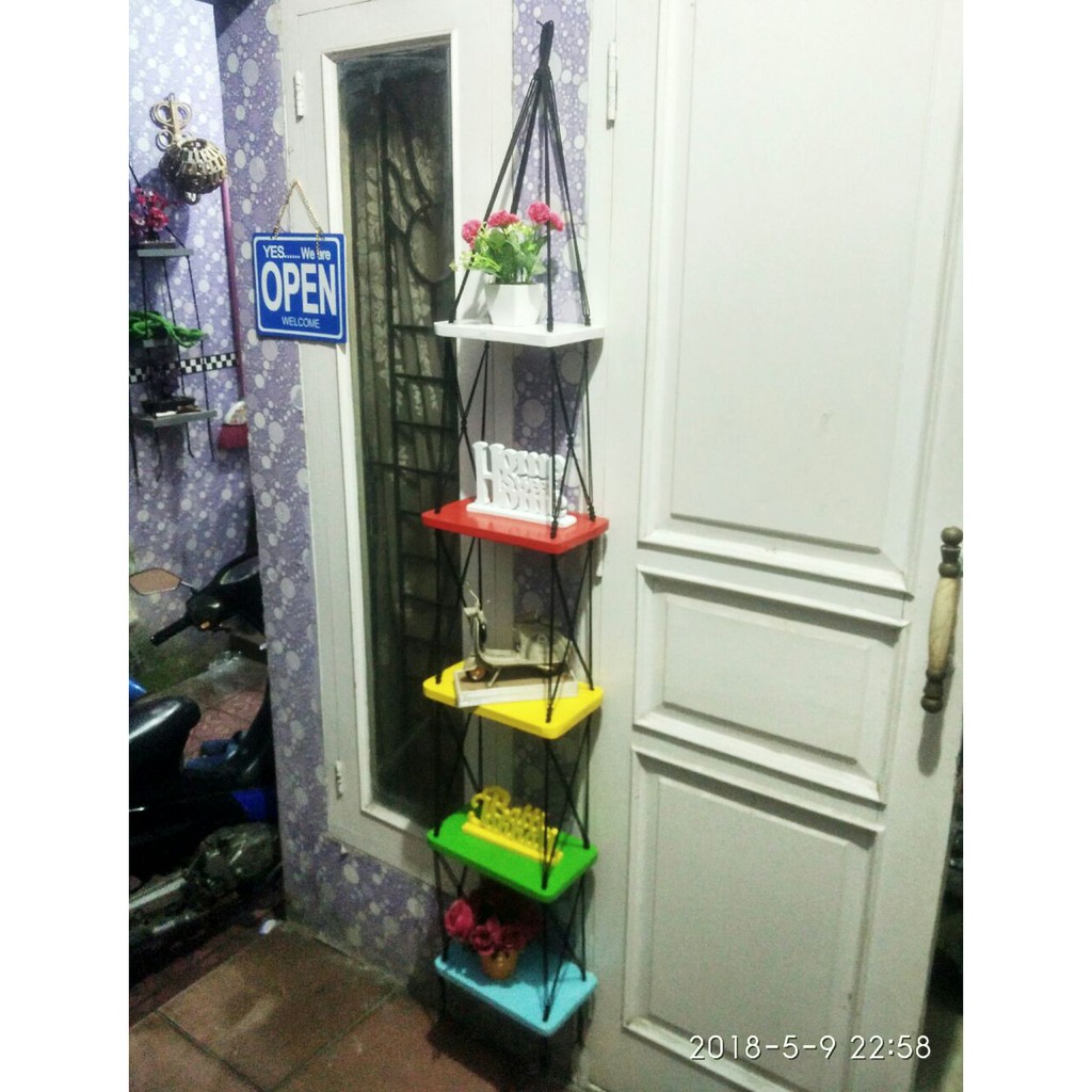 Jual rak dinding gantung pot tanaman 5 susun kotak tali hitam minimalis ...