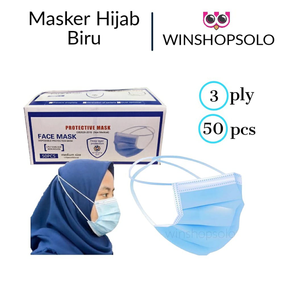 Jual MASKER HIJAB & MASKER HEADLOOP 3PLY DISPOSABLE FACE MASK 3 PLY ISI ...