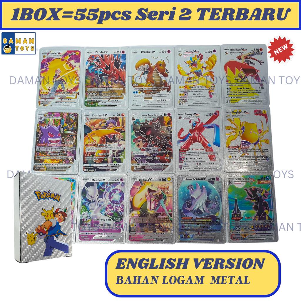 Jual Kartu Pokemon 1 box 55pcs Charizard Pikachu cards Bahan Metal Emas Silver Bahasa English ...