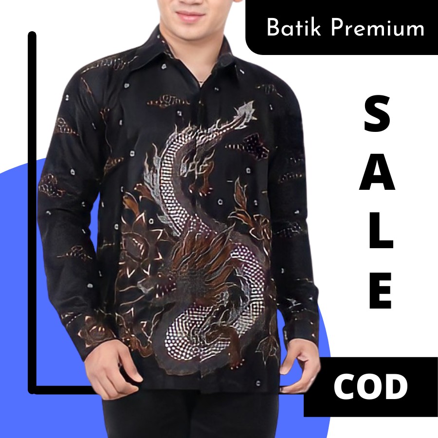 Jual Batik pria lengan panjang motif naga hitam batik Pekalongan modern ...