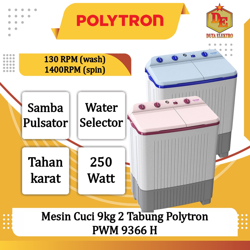 Jual Mesin Cuci 2 Tabung 9kg Polytron PWM 9366 H | Shopee Indonesia