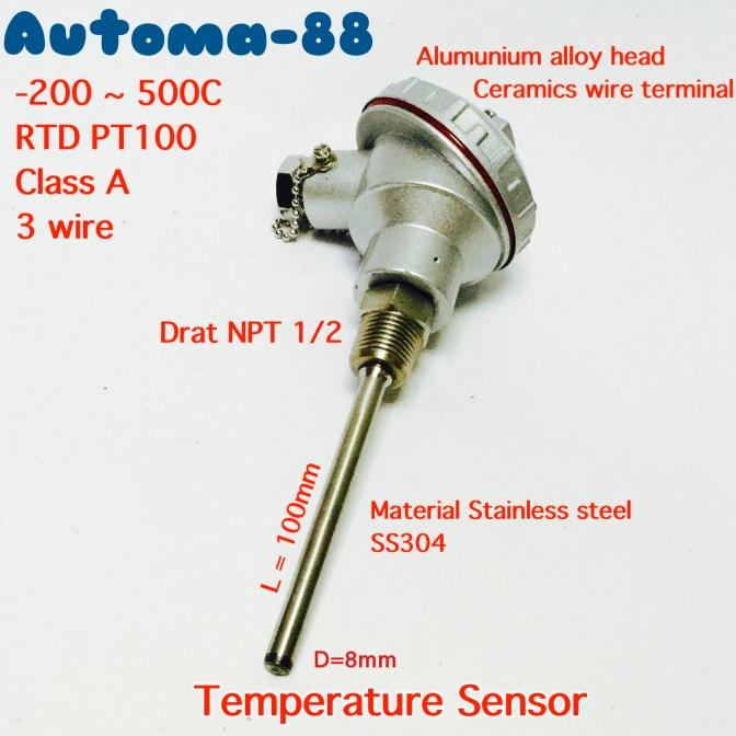 Jual Industrial RTD PT-100 Temperature Sensor 10cm Thread 1/2 Inch NPT ...