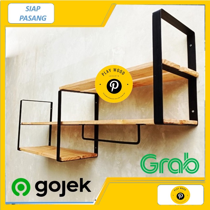 Jual Triple lebar 20cm TORA rak dinding 2 ambalan kayu dan besi buku ...