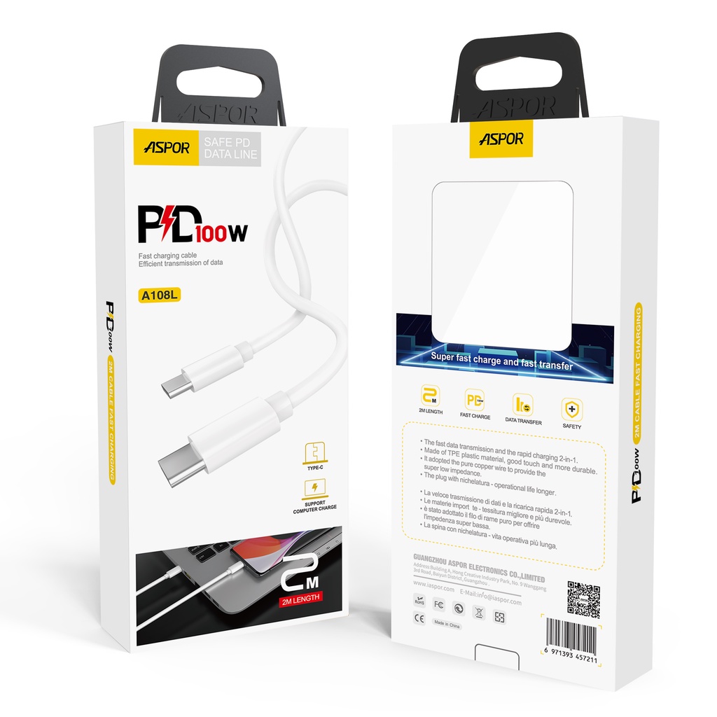 Jual Kabel Data Cable Original ASPOR A108L PD 100Watt Type C to Type C | Shopee Indonesia