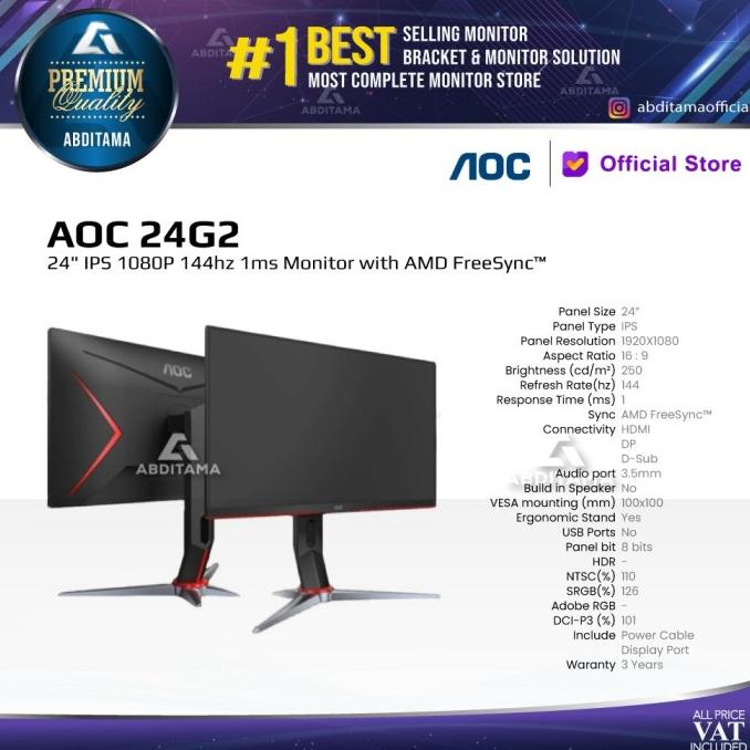Jual Monitor LED Gaming AOC 24G2 24" IPS 1080P 144hz 1ms VGA HDMI DP ...