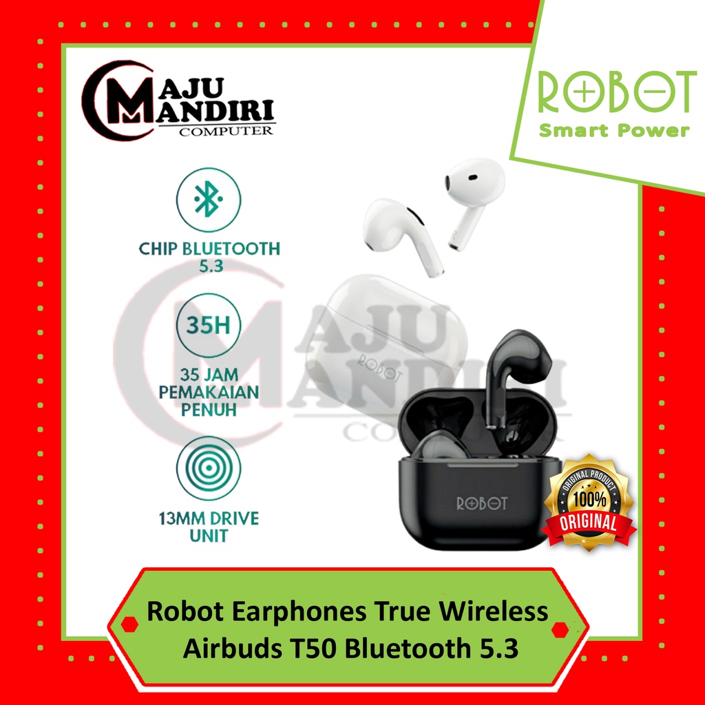 Jual TRUE WIRELESS EARBUDS ( TWS ) ROBOT T50 WHITE | Shopee Indonesia