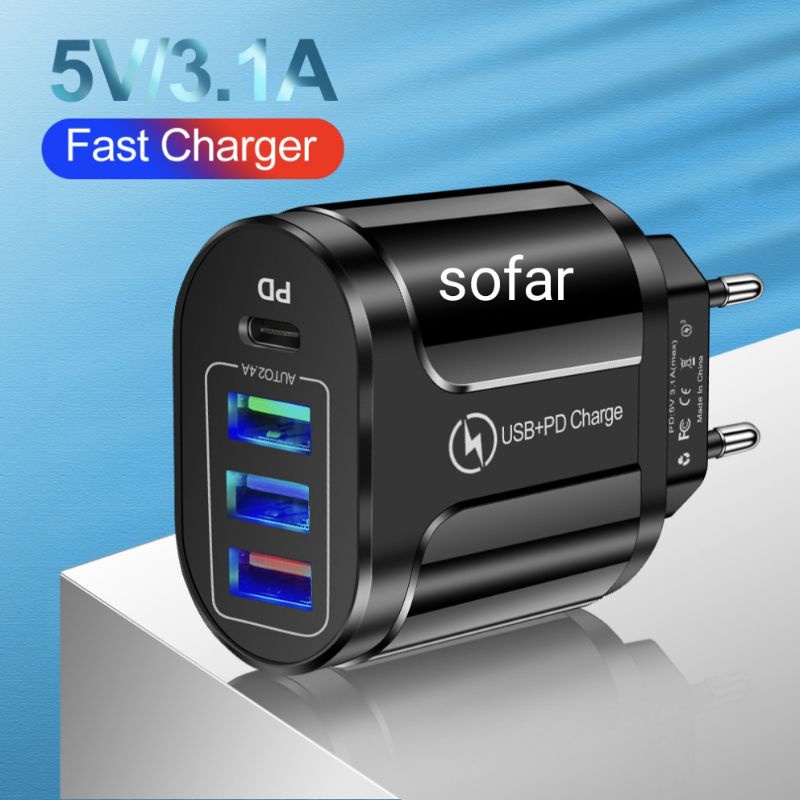 Jual Charger Fast 3 Port 18W PD 3.1A QC 3.0 Travel Quick Charger ...