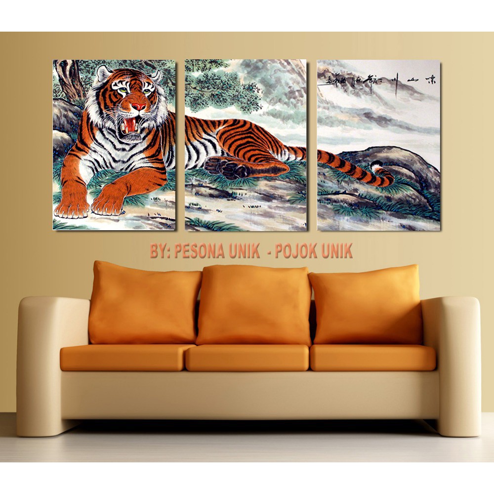 Jual Poster Lukisan Harimau Unik 3 BagianBingkai | Shopee Indonesia