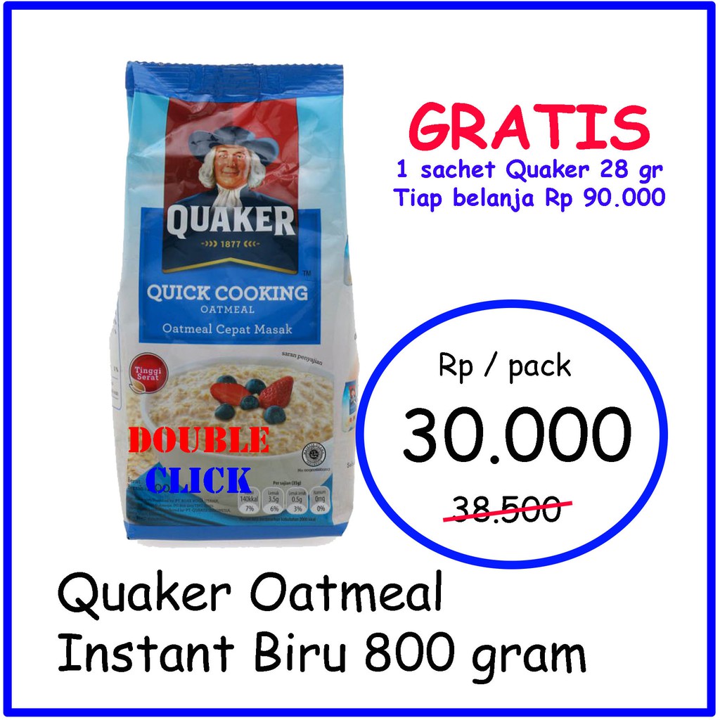 Jual PROMO Quaker Oatmeal Quick Cooking Biru 800 gram | Shopee Indonesia