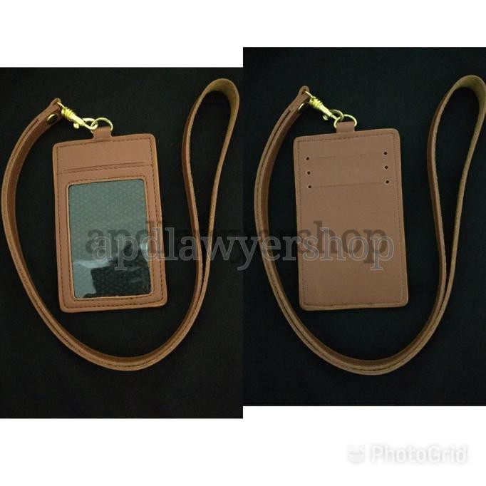 Jual name tag id card holder tali kulit coklat 4 slot card kwalitas ...