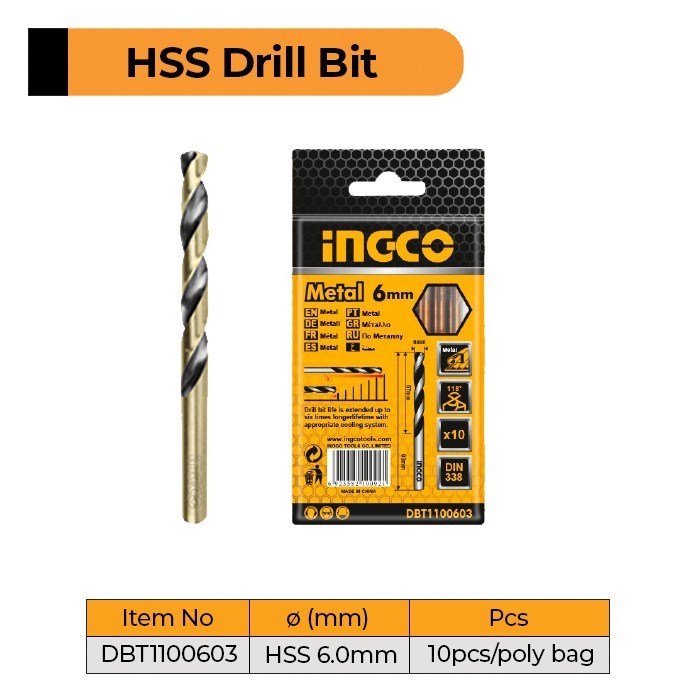 Jual Ingco DBT1100603 Mata Bor Besi 6mm HSS Steel Drill Bits 6 mm DBT ...
