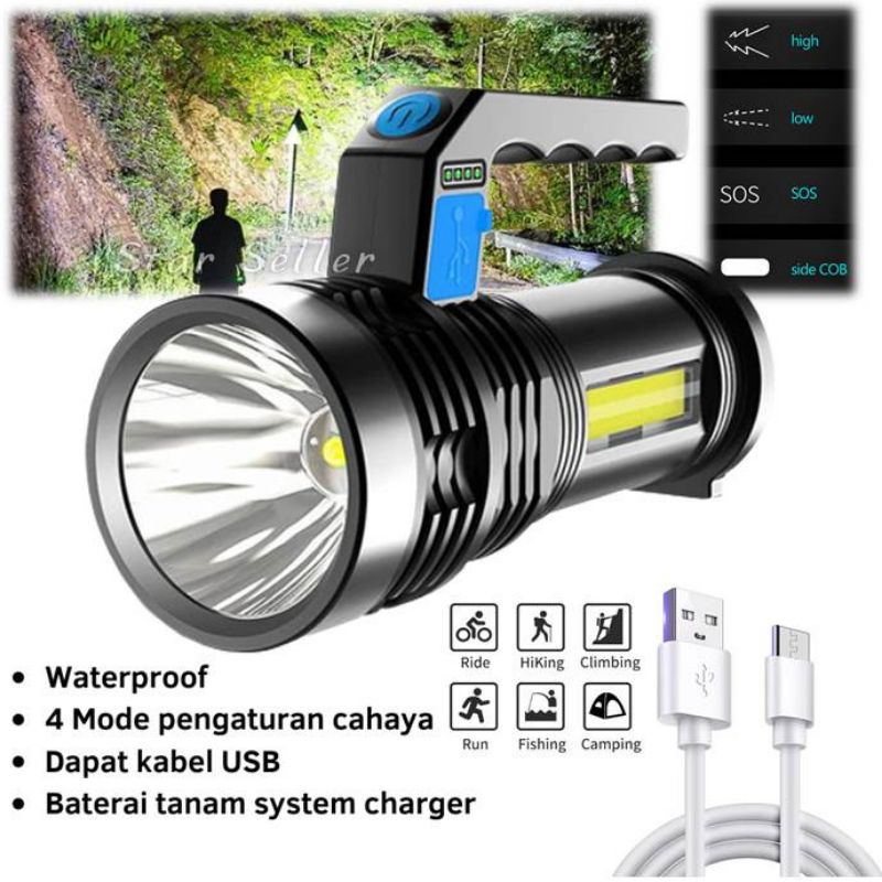 Jual SENTER LED SUPER TERANG RECHARGEABLE / COB Senter LED Jarak Jauh / Senter Cas LED TERANG ...