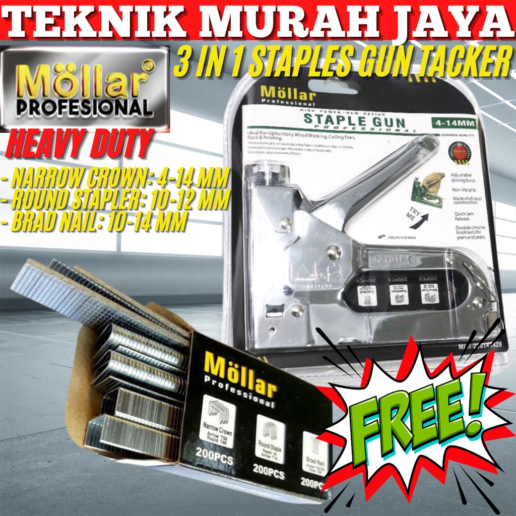 Jual MOLLAR Staples Tembak Stapler Gun Tacker 3in1 4-14mm Staple Jok ...