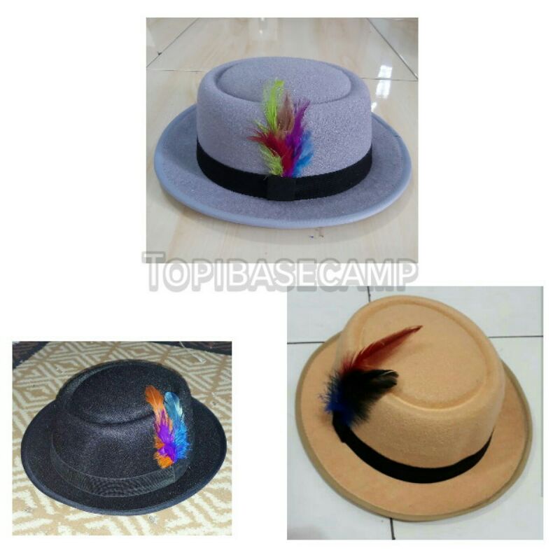 Jual Topi fedora bludru laken plus bulu boater hat pie pork hat topi ...