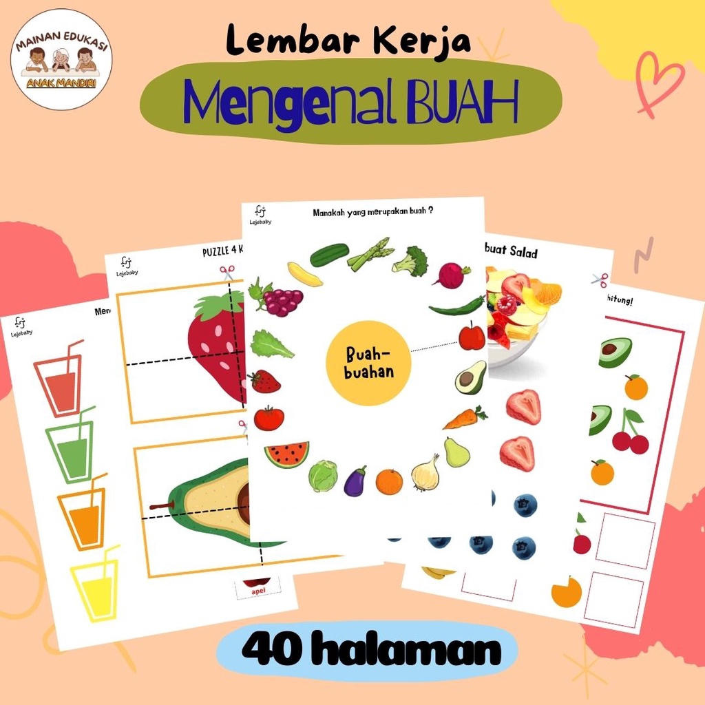 Jual WORKSHEET ANAK 2 3 4 5 6 tahun Printable BELAJAR BUAH Lembar Kerja ...