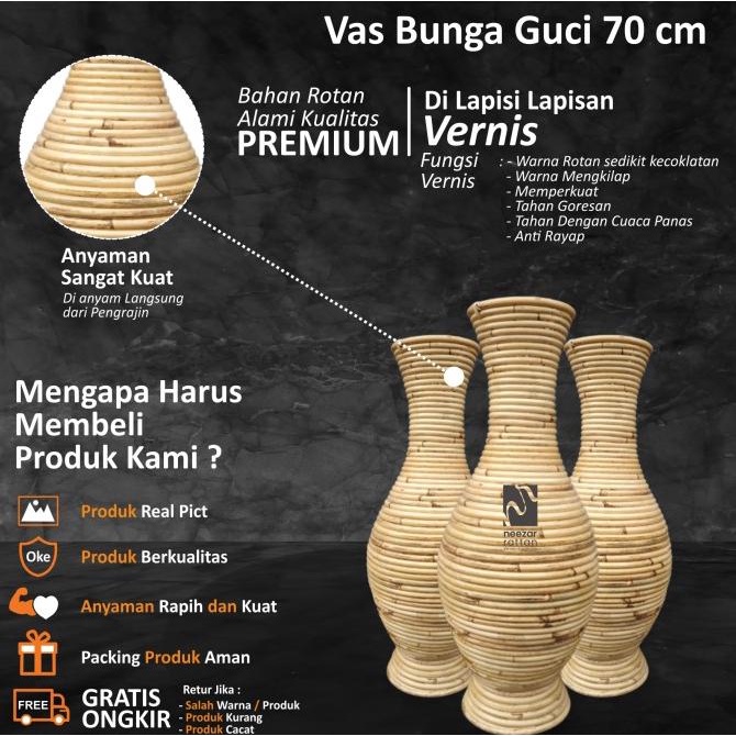 Jual Vas Pot Guci Tempat Bunga dari rotan tinggi 70 cm - 70cm | Shopee ...