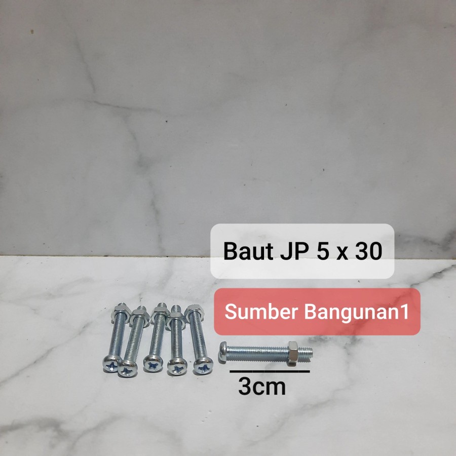 Jual Baut JP 5 x 30 baut putih mur M5 bulat obeng 3 cm kunci 8 ring pas 3cm | Shopee Indonesia