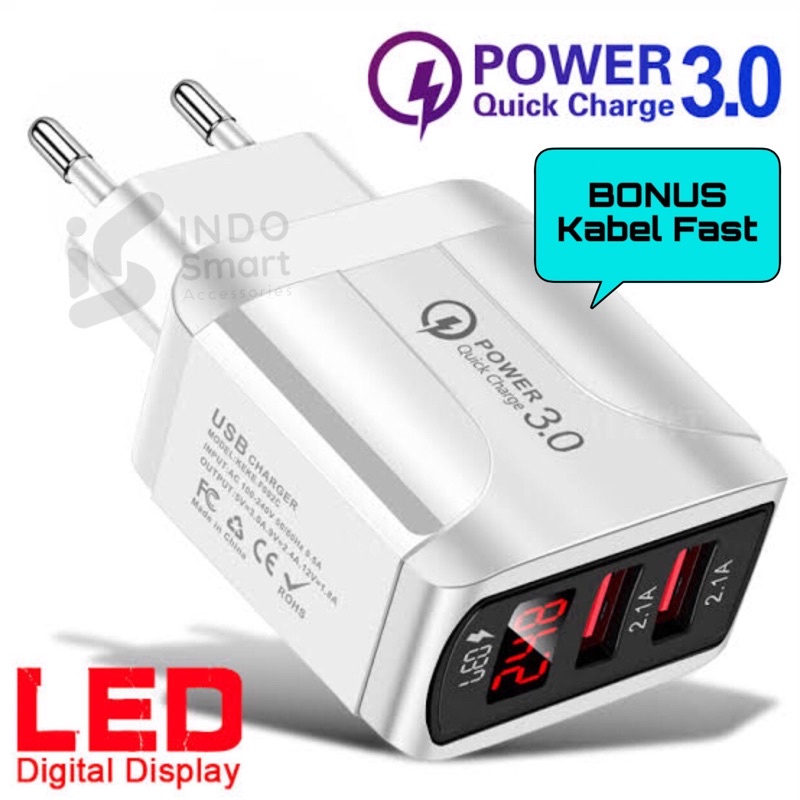 Jual Charger Quick 3.0 + Fast Charging 3 USB Adapter Travel Casan LED | Shopee Indonesia