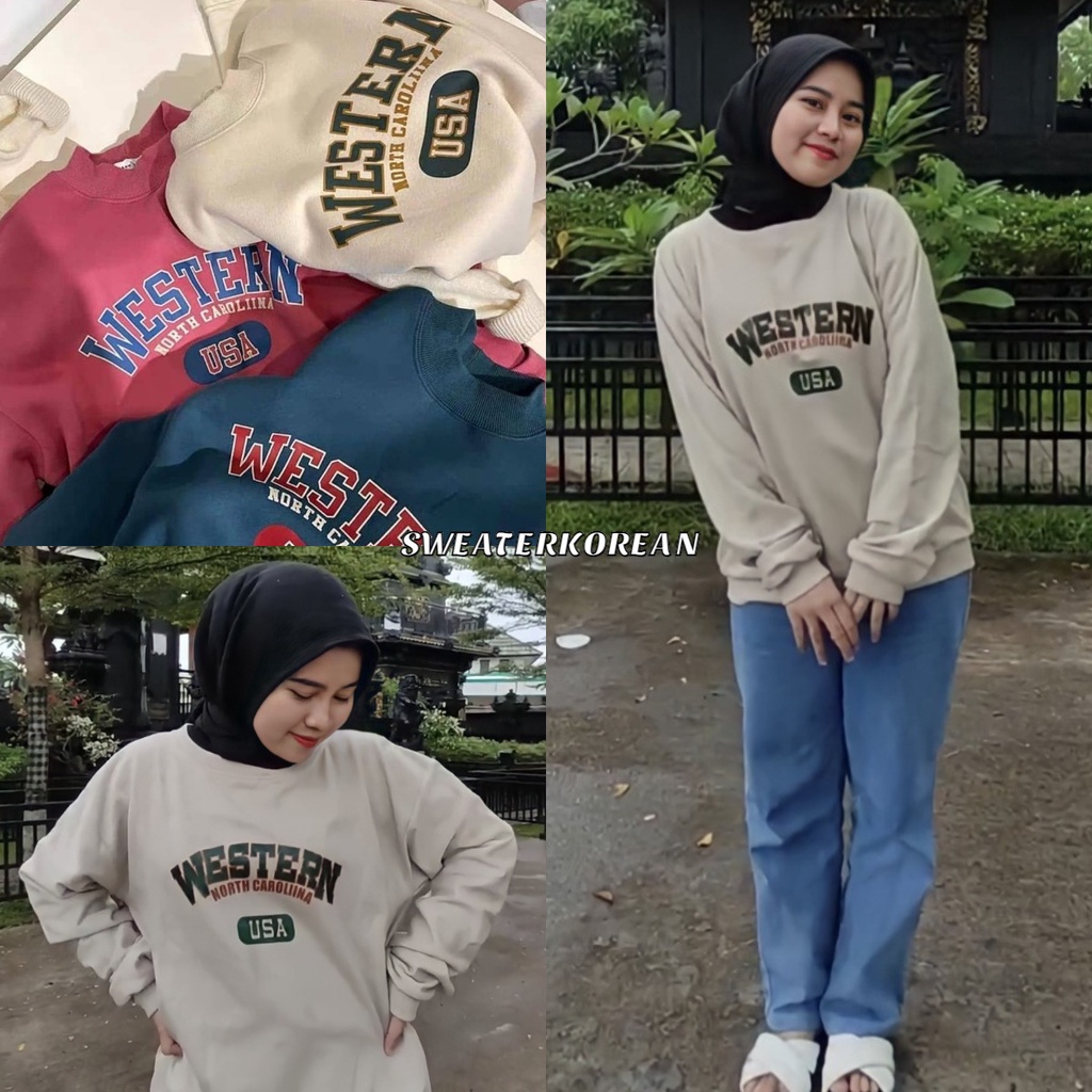 Jual WESTERN Crewneck Kekinian Fashion Sweater Korean Style Wanita ...