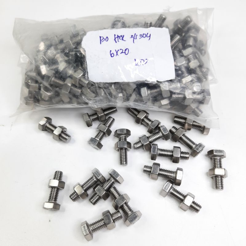 Jual Baut + Mur Hex Bolt + Nut Stainless SS 304 M 6 X 20 mm (Per Set) | Shopee Indonesia