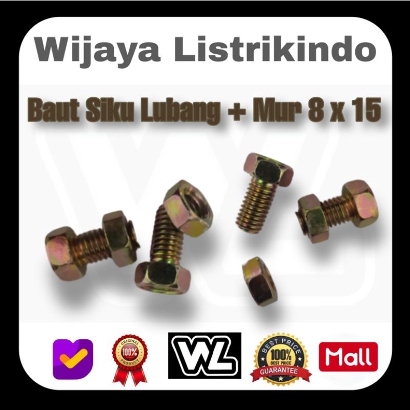 Jual Baut siku lubang + mur 8 x 15 baut & mur 8x15 kuning | Shopee Indonesia