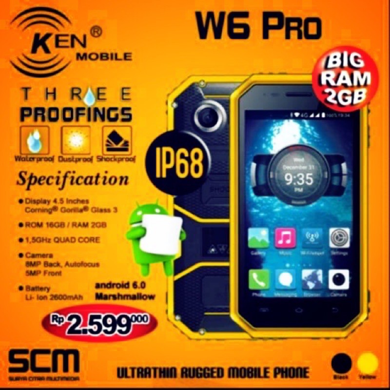Jual Ken mobile w6 PRO 4GB RAM 2GB ROM 16GB Android outdoor / anti air ...