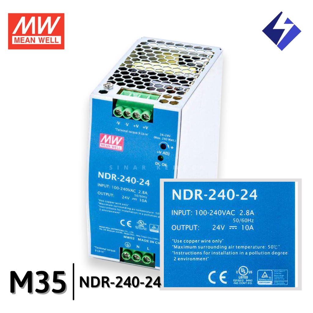 Jual MEANWELL Power Supply NDR-240-24 Industrial Trafo 24V DC 240W 10A DIN Rail Garansi | Shopee ...