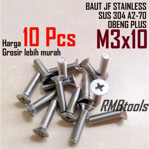 Jual M3x10 BAUT JF PANJANG 1CM STAINLESS GRADE 304 A2-70 FLAT HEAD CSK MACHINE SCREW OBENG PLUS ...