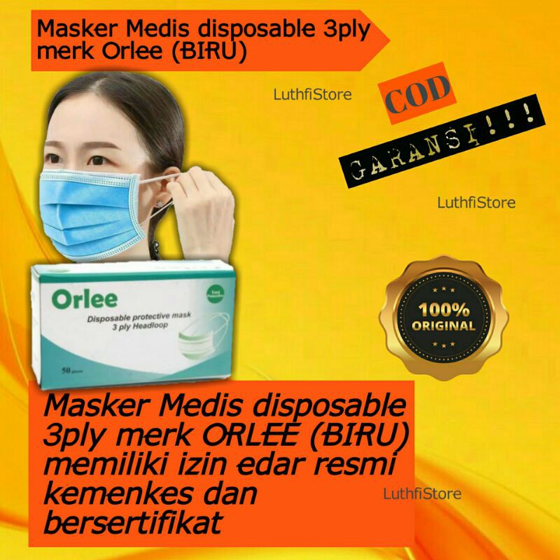 Jual Masker 3 ply 3ply earloop merk orlee original masker medis ...