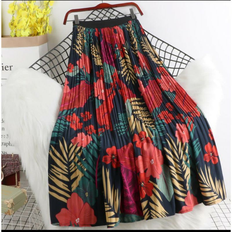 Jual ROK PLISKET PANJANG / Rok Plisket Impor / Motif Bunga Abstrak ...