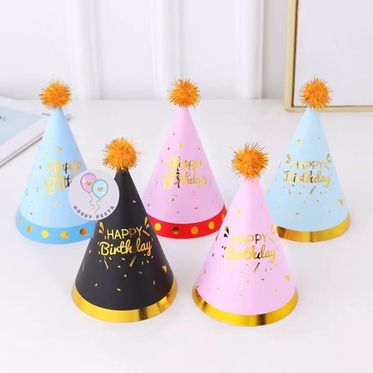 Jual TOPI ULANG TAHUN KERUCUT POMPOM GOLD / TOPI ULTAH / TOPI PESTA ...