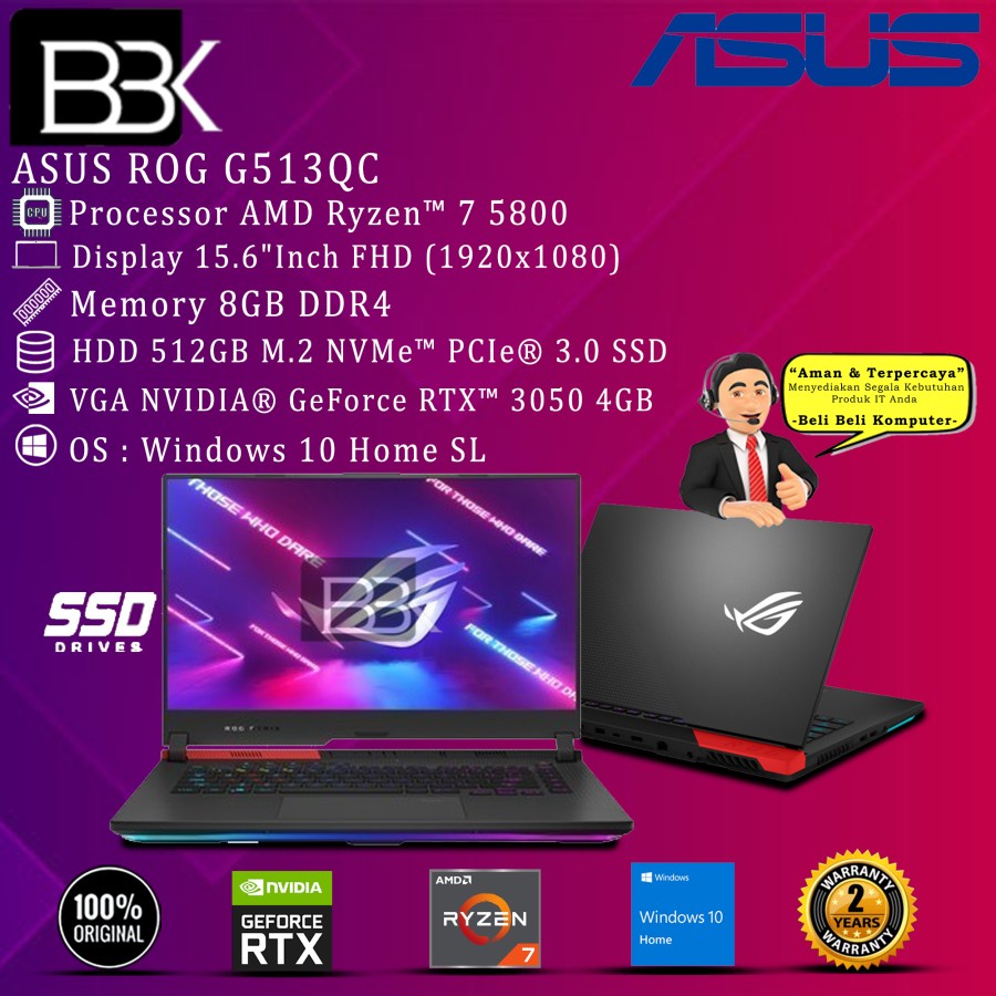 Jual ASUS ROG G513QC Ryzen 7 5800 8GB 512GB SSD VGA 4GB WIN10HSL OHS 19 ...