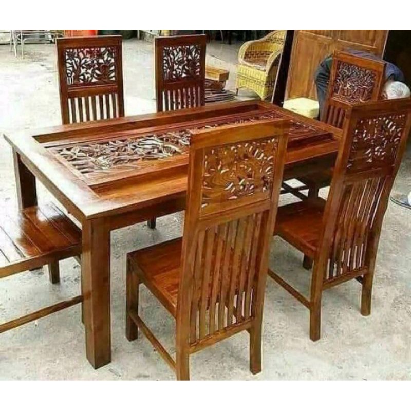 Jual meja makan kursi 6 balero ukir akar kayu jati mebel jepara | Shopee Indonesia