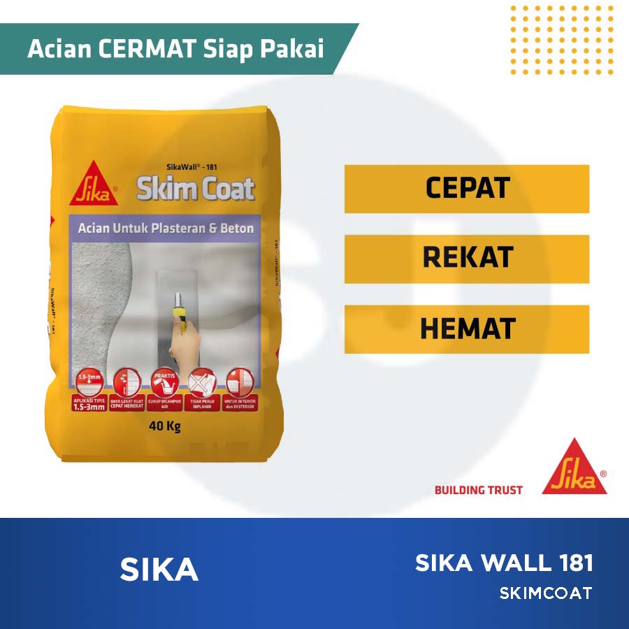 Jual SikaWall 181 Skim Coat Mortar Instan Acian Plesteran Tembok 40Kg ...