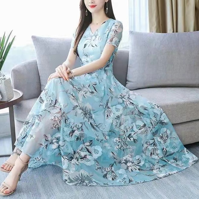 Jual baru gaun sifon print wanita mid-length/dress wanita/midi dress ...