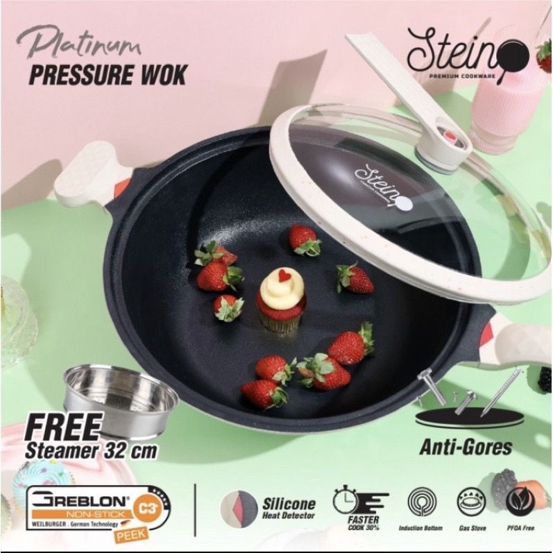 Jual Steincookware Platinum pressure wok pan 32Cm + Steamer stainless brown | Shopee Indonesia