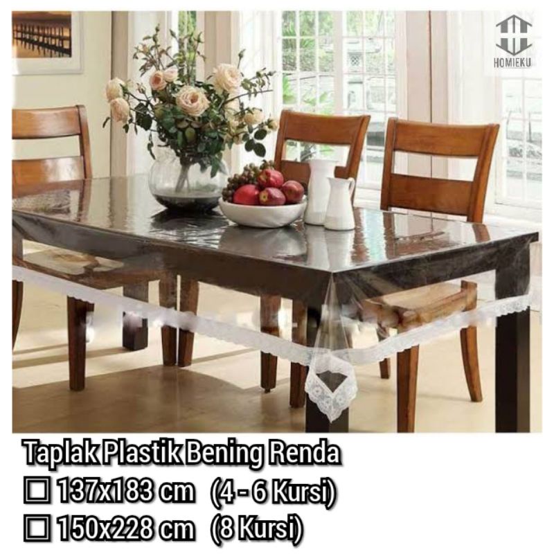 Jual Cover Meja Plastik Mika Bening Transparant Berenda Tepi 4 6 8 ...