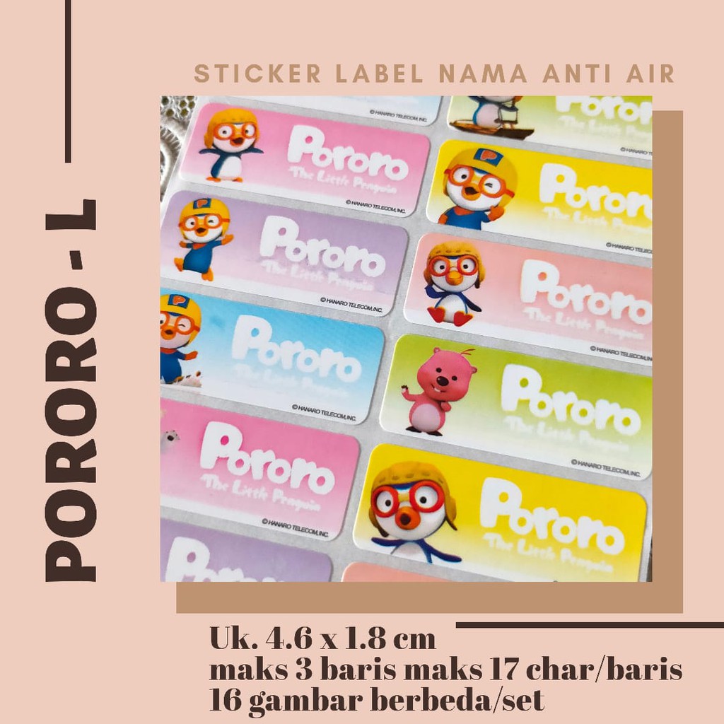 Jual STICKER LABEL NAMA ANTI AIR - MOTIF PORORO / WATERPROOF NAME ...