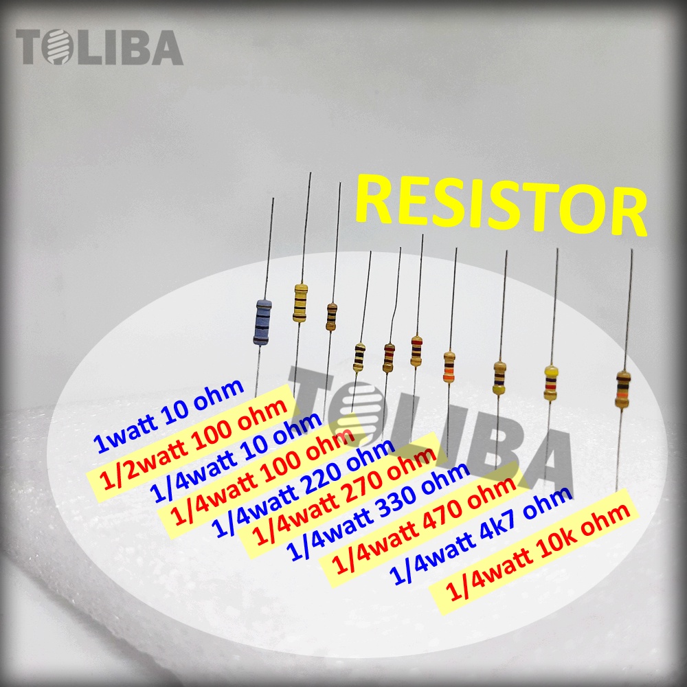 Jual resistor 1 watt 1/2 watt 1/4 watt 10 ohm 100 ohm 220 ohm 270 ohm 330 ohm 470 ohm 4k7 ohm ...