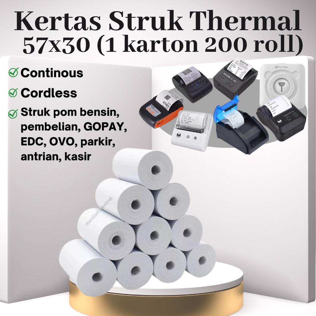 Jual Kertas Struk Kasir Paper Roll Termal 1 karton 200 roll uk 57x30mm ...