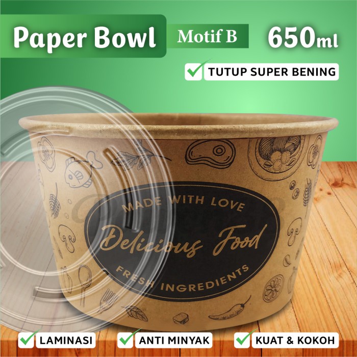 Jual Paper Bowl Kraft Coklat MOTIF 650 ml | 22 oz (Motif B) + Tutup (50 PC) | Shopee Indonesia