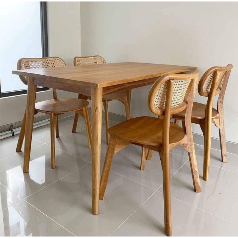 Jual MEJA MAKAN KURSI MIX ROTAN KAYU JATI | MEJA MAKAN RETRO MODERN | Shopee Indonesia