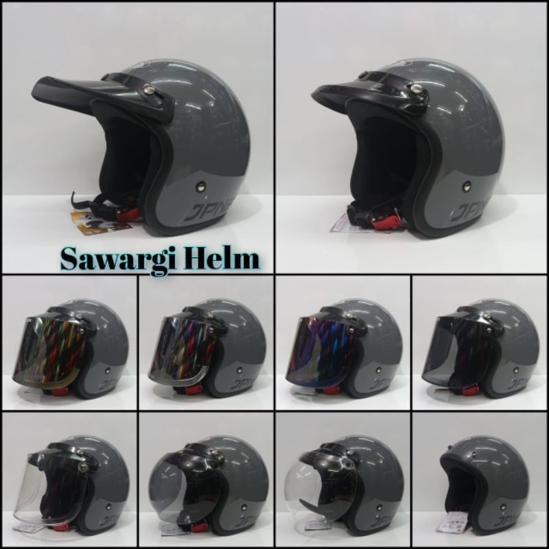 Jual HELM JPN ABU TUA GLOSSY SET KACA CEMBUNG/KACA DATAR | Shopee Indonesia