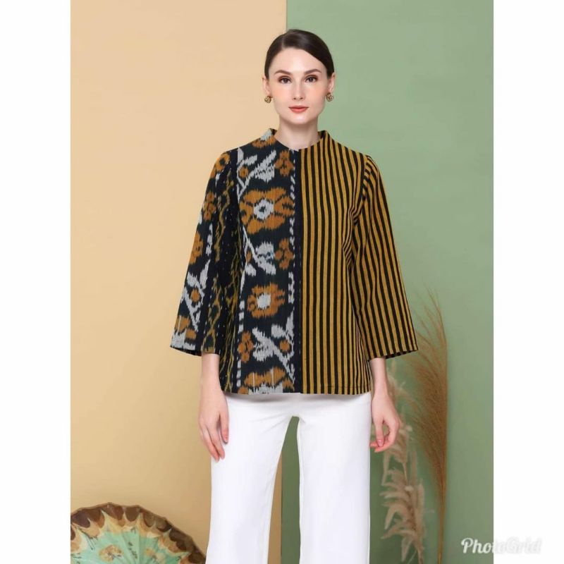 Jual Blouse kuliah warna gold kombinasi lurik blouse unik | Shopee ...