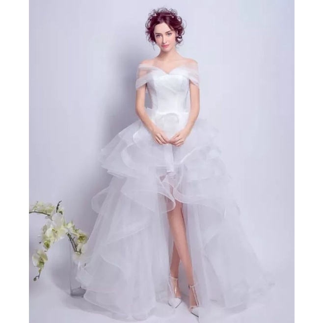 Jual Gaun Wedding Dress flat off shoulder short front long back plain ...