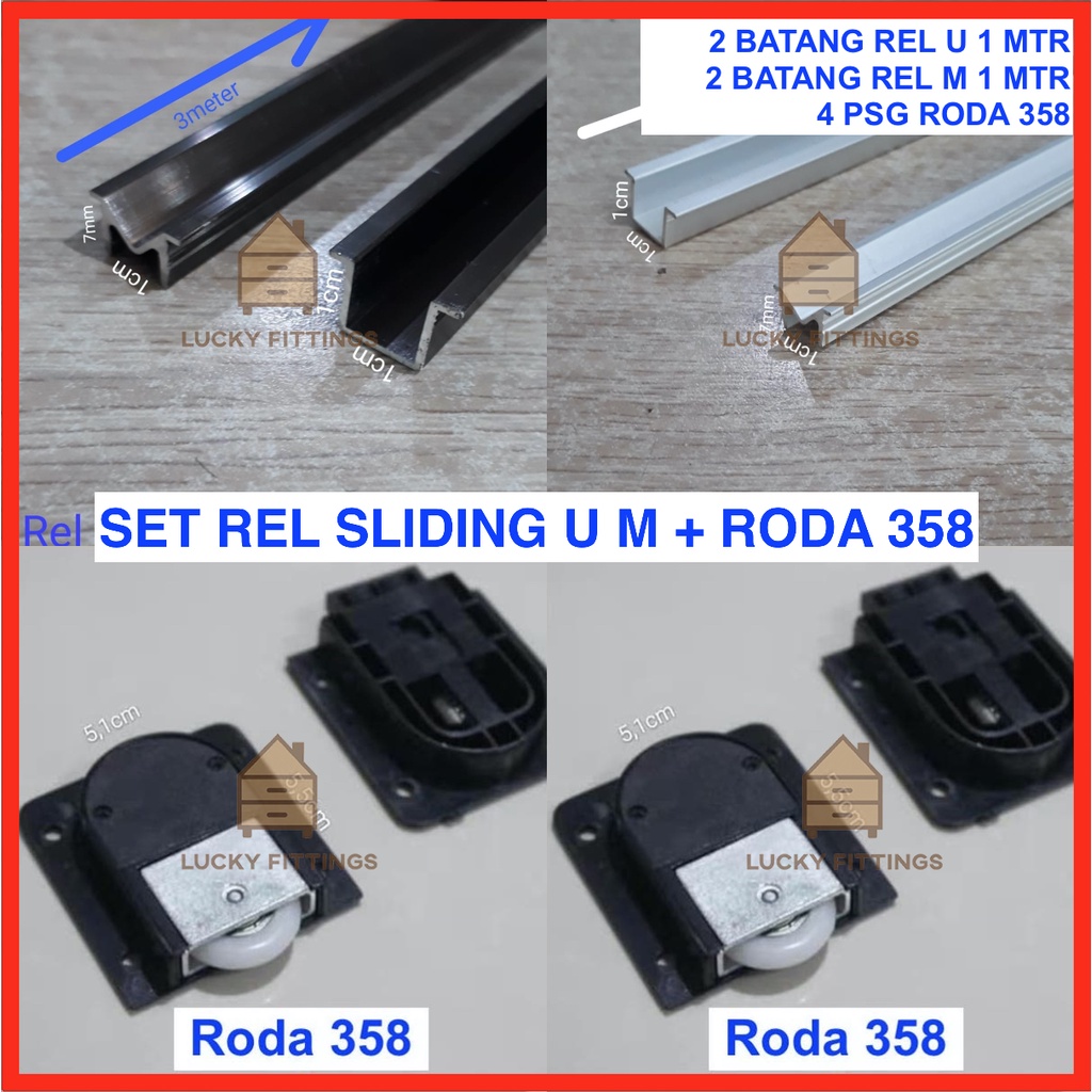 Jual SET Rel U M + Roda 358 Pintu Lemari Sliding 1 M X 4 / Kayu Baju ...
